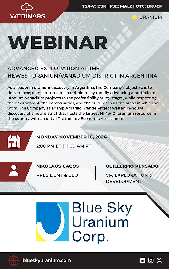 Blue Sky Uranium Corp. | Blue Sky Uranium Corp. webinar on Monday, November 18, 2024 T 2pm ET ...